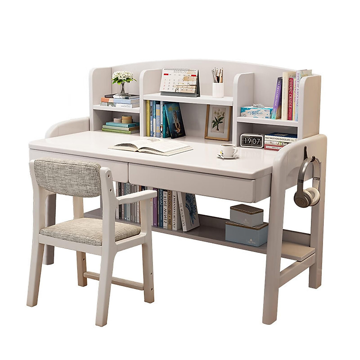 Solid Wood Desk Kids Desks with Drawers and Bookshelf, Height-Adjustable Desk Suit for All Ages, Learning Computer Workstation Writing Desk with Hooks, Study Home Office Desk ( Color : White with chai