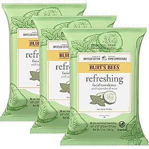 Burt's Bees Face Wipes Easter Basket Stuffers, Makeup Remover Facial Cleansing Towelettes for Sensitive Skin, Hydrating with Cucumber and Mint, 30 Count (Pack of 3)