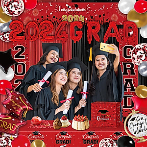 Party Spot！2024 Graduation Party Decorations, 125 PCS Graduation Decorations Class of 2024, Graduation Banner, Tablecloth, Balloons, Cake Toppers, Red and Gold Graduation Party Decorations