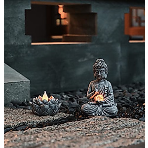 TERESA'S COLLECTIONS Meditating Buddha Statue and Lotus Lantern Garden Statue with Solar Lights, Set of 2 Rustic Buddha Outdoor Statue Spiritual Zen Garden Decor for Patio Porch Yard Decorations