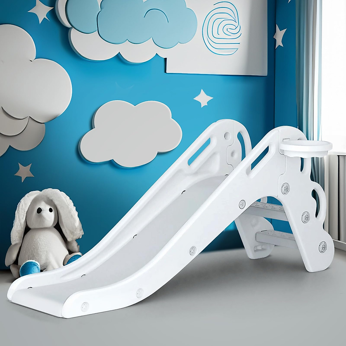 Kids First Slide for Toddlers Age 1 to 3 Years with Basketball Hoop Indoor Outdoor Playground Freestanding Slide Climber Playset Toy White