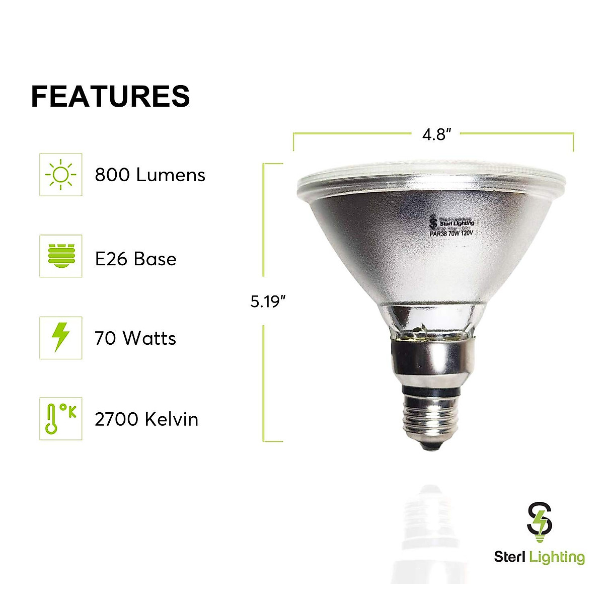 Sterl Lighting 70w Par38 High Output 90 Watt Replacement PAR38 Halogen Dimmable Floodlight E26 Base 120V 4.8In 800 Lumens Canister Spot Light Outdoor Flood Light Bulbs 70PAR38/FL 2700K WW Clear 2 Pack