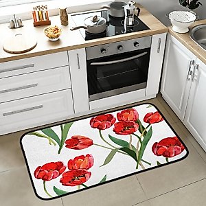 KOBLEN Red Tulip Leaves Kitchen Rugs Non Slip Washable Absorbent Kitchen Mats 20x39 inch Cushioned Anti Fatigue Kitchen Floor Mats for in Front of Sink