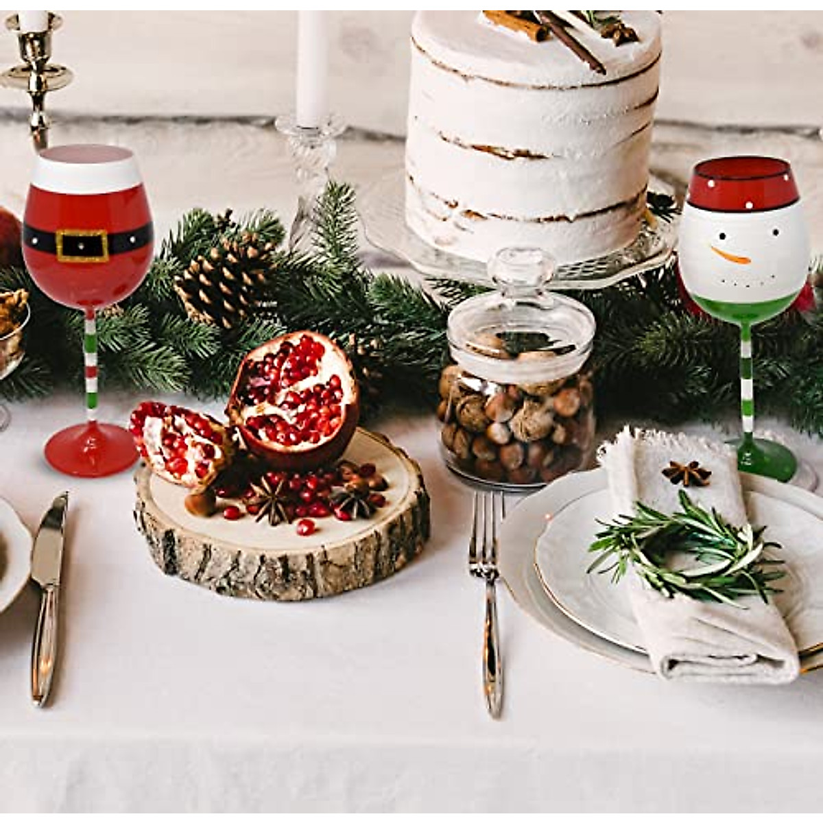 Gift Boutique Christmas Wine Glasses 16.8 Oz Set of 2 Festive Santa Belt and Snowman Drinking Goblets Cups with Stem Xmas Wineglass Gift Red Green and White Colored Painted Winter Glassware