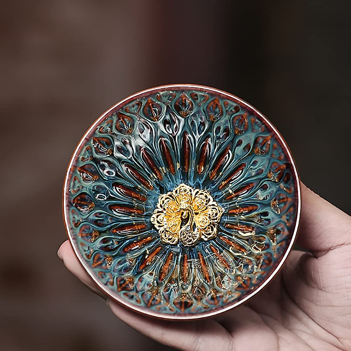 JianZhan Tenmoku Ceramic Handmade TeaCup Porcelain Teacup Kungfu Tea Cup Tenmoku Teacup Master Teacup Ceremonial Matcha Tea Mug Shape,Peacock