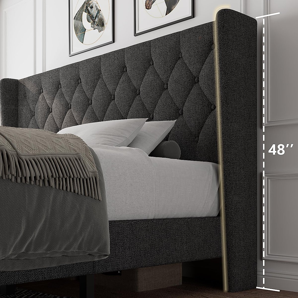 iPormis King Size Platform Bed Frame with Button Tufted Headboard, Upholstered Bed Frame with Solid Wooden Slats, 8" Underbed Space, No Box Spring Needed, Noise Free, Easy Assembly, Dark Gray