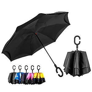 LANBRELLA Umbrella No Drip Umbrella Double Layer Inverted Umbrella C Shaped Handle Windproof Compact Folding - Black