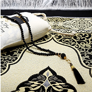 ESERRA Muslim Prayer Rug, 99 Prayer Beads and Prayer Cap Included, Prayer Mats Muslim for Praying Men, Women, and Kids, Prayer Set, Prayer Rugs Islam (Black)