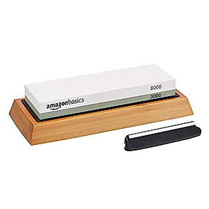 Amazon Basics Whetstone Knife Sharpening Wet Stone - Dual-Sided 3000/8000 Grit with Non-Slip Bamboo Base, 18 x 6.1 x 2.8 cm, Black & Grey, 1 Pc