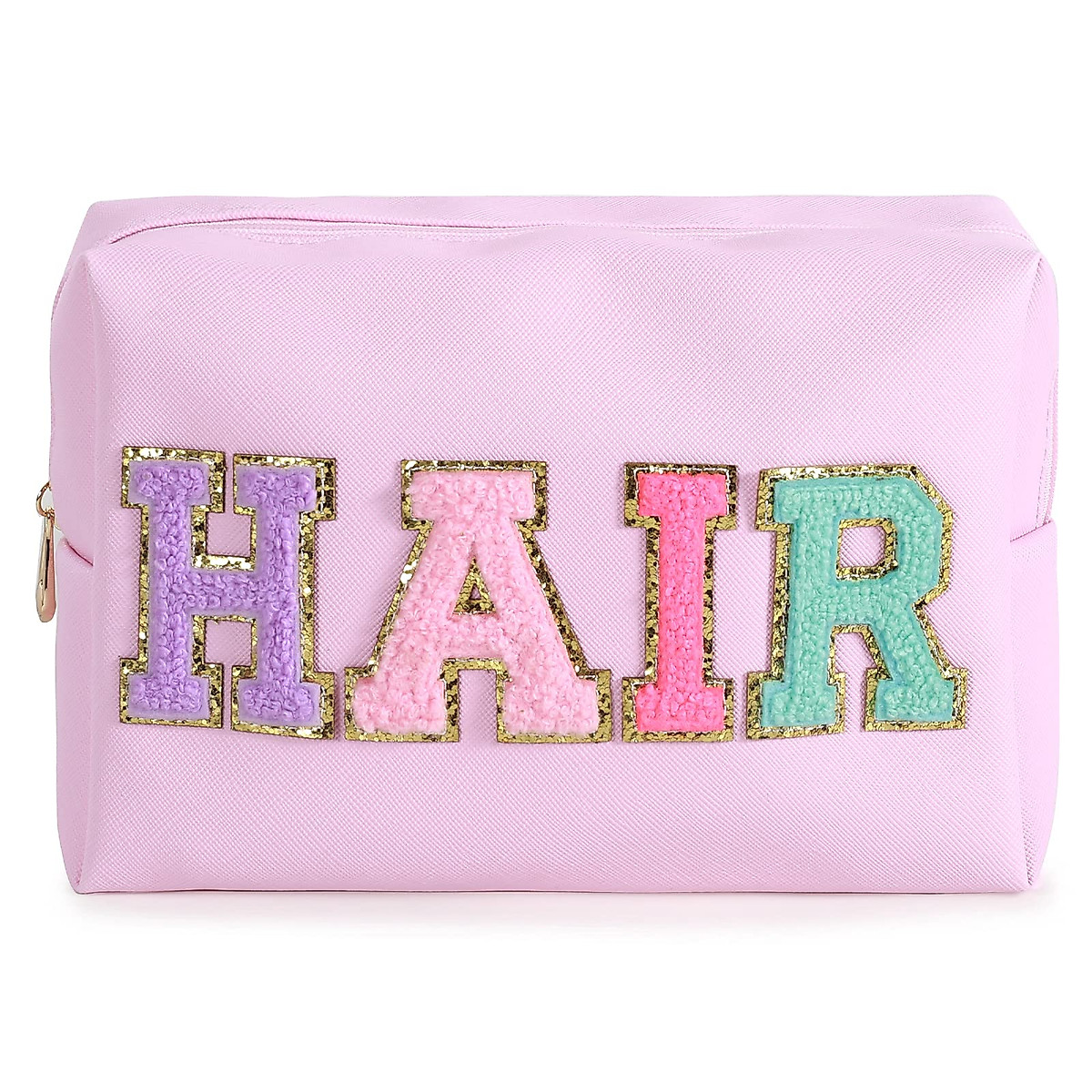 BLAAROOM Large Preppy Patch Cosmetic Toiletry Bag,HIAR Varsity Letters PU Leather Makeup Bag,Chenille Zipper Pouch Storage,Waterproof Organizer for Travel - Pink