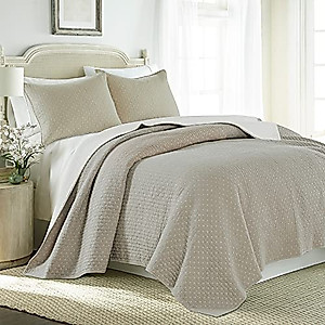 Levtex Home - Cross Stitch Quilt Set - 100% Cotton - Full/Queen Quilt (88x92in.) + 2 Standard Shams (26x20in.) - Taupe Quilt with White Contrast Stitching