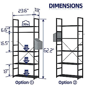 NUMENN 5 Tier Bookshelf, Tall Bookcase Shelf Storage Organizer, Modern Book Shelf with Storage Bag and Hook for Bedroom, Living Room and Home Office, Black