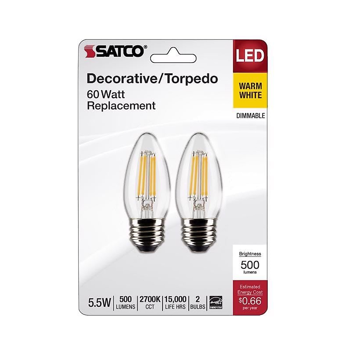Satco S21837 5.5 Watt B11 LED Bulb, Clear, Medium Base, 2700K, 500 Lumens, 120 Volt, 2- Pack