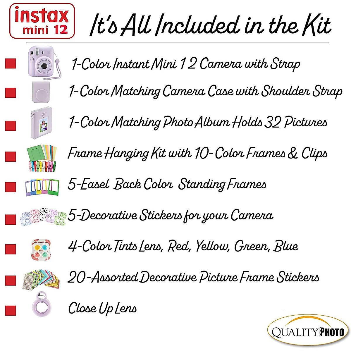 Fujifilm Instax Mini 12 Instant Camera with Case, Decoration Stickers, Frames, Photo Album and More Accessory kit (Lilac Purple)…