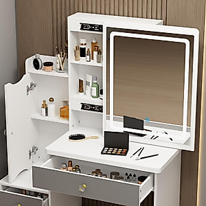 Homsee Vanity Desk Set Makeup Table with Large Sliding Lighted Mirror, Dressing Table with 4 Drawers, Hidden Storage Shelves & Cushioned Stool for Bedroom, White