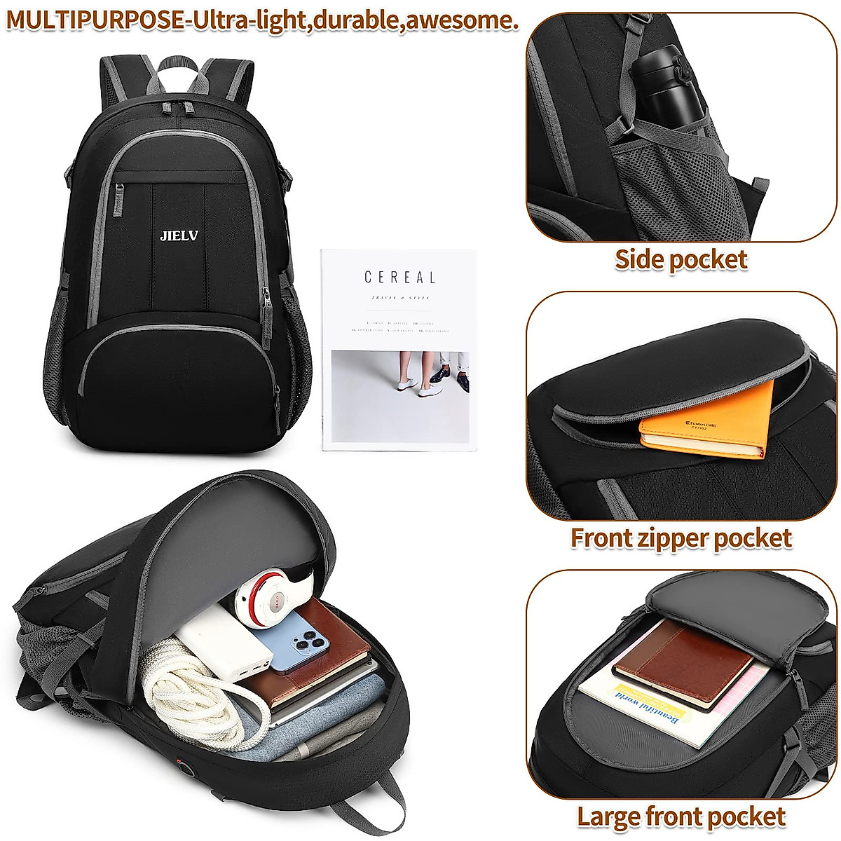 JIELV 30L Lightweight Foldable Waterproof Packable Daypack Small Hiking Backpack Travel Camping Outdoor for Men Women(Black)