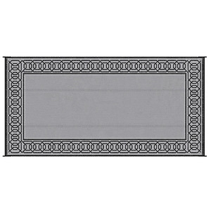 Outsunny Reversible Outdoor Rug, 9' x 18' Waterproof Plastic Straw Floor Mat, Portable RV Camping Carpet with Carry Bag, Large Floor Mat for Backyard, Deck, Picnic, Beach, Black & Gray Border