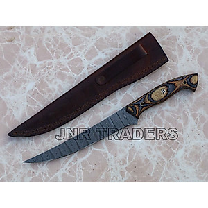 JNR Traders Damascus Boning Knife for Meat Cutting 13" Handmade Fillet Knife Thin Sharp Chef Kitchen Knife with Leather sheath Wood Handle vk3731