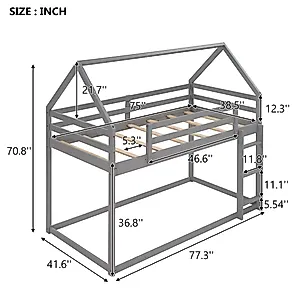 Twin Over Twin Low Bunk Bed, Wood House Bunk Bed Frame with Ladder, Guardrail and Roofs Floor Bunk Bed for Kids, Teens, Girls, Boys,Gray