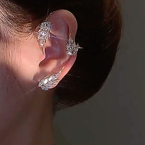 Kenjudess Sparkling Rhinestone Wheat Ear Cuffs 2Pcs Vintage Leaf Cartilage Ear Wrap Non-Pierced Fake Earrings Prom Party Festival Accessories for Women (Silver)