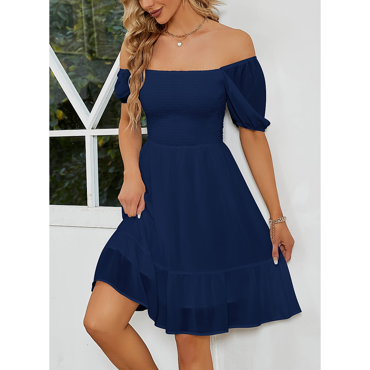 YATHON Wedding Guest Dresses for Women with Sleeves Homecoming Bridesmaid Sundress Family Gathering Dance Party Short Dresses(YT194-Navy,L)