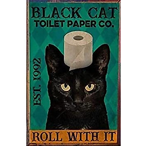 WellDGS Vintage Tin Sign Black Cat Toilet Paper Funny Roll with It Bathroom Decor Wall Home Art Signs for Kitchen 12 x 8 Inch Metal