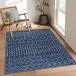 Beeiva Moroccan Washable Living Room Rug, Printed Soft 5x7 Rug with Rubberback Non Slip, Low Pile Distressed Blue Rug No Shedding Dining Room Rug for Bedroom Office