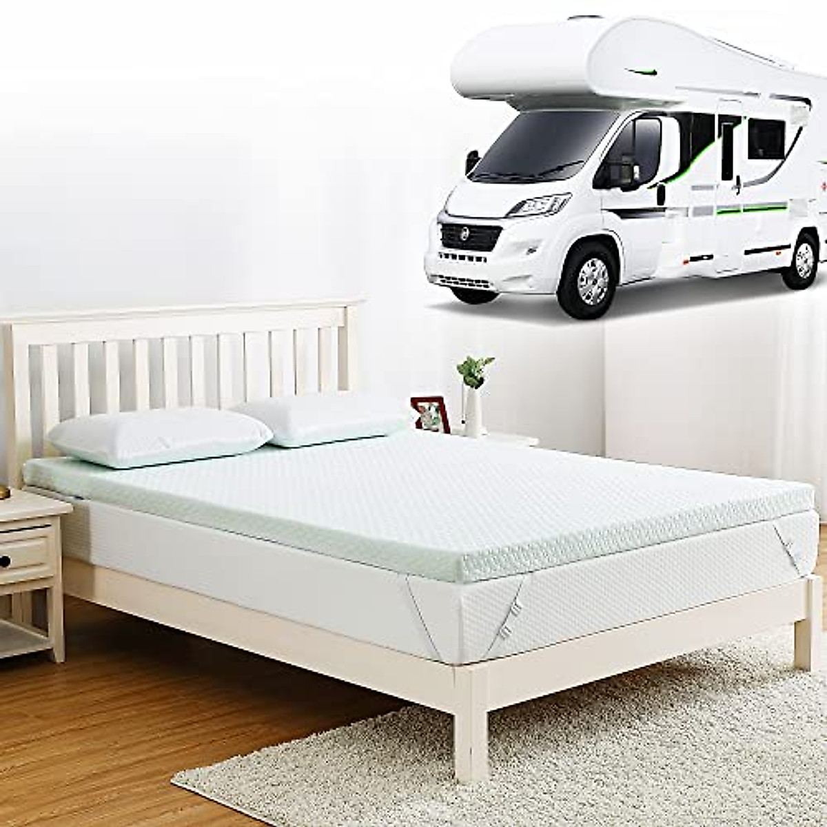 Short Queen Mattress Topper (RV Queen), Homhougo 3 Inch Green Tea Memory Foam Mattress Topper with Zippered Bamboo Cover, Cloud-Like Soft Topper for Travel Trailer, Truck, Camper
