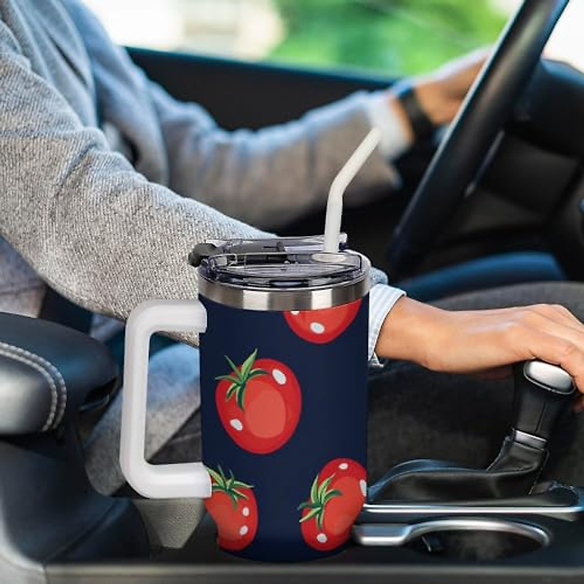 Tomato Pattern Insulated Tumblers with Handle Stainless Steel Coffee Mug Funny Travel Cup with Lid Straw 40oz
