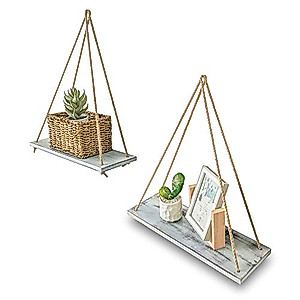 ASLINY [Set of 2 Distressed Wood Hanging Swing Rope Floating Shelves (Rustic White)