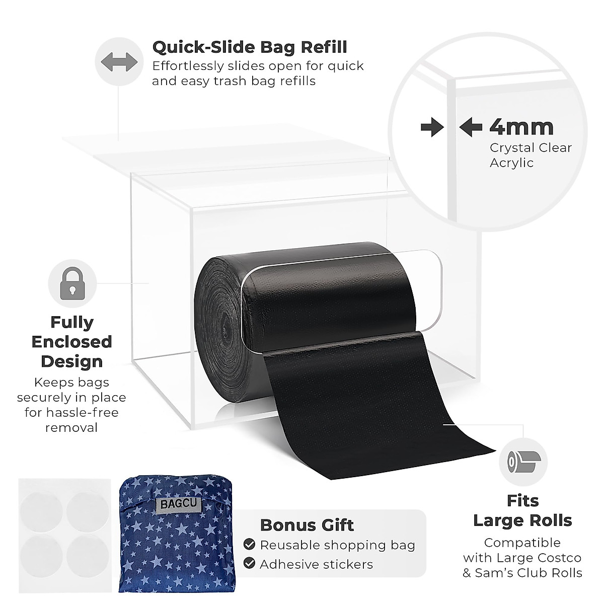 CoolaBoola Trash Bag Holder – Extra-Large Trash Bag Dispenser – Clear Acrylic Garbage Bag Holder for Cabinet – Under The Sink Trash Bag Organizer Roll Holder for Home, Shops, Restaurants