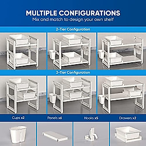 WestonBasics Under Sink Organizer | Expandable Under the Sink Organizer from 16-28" | 2-Tier Under Sink Organizers and Storage Shelf with Adjustable Racks, Double Sliding Drawers, 5 Hooks & 2 Cups