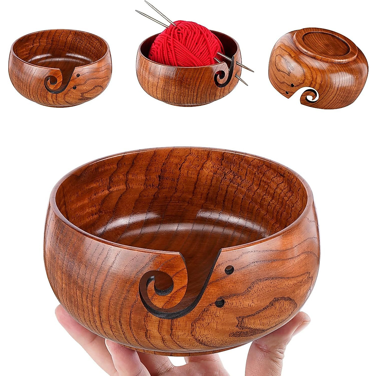 Wooden Yarn Bowl with 8Pcs Metal Crochet Hooks, Knitting Yarn Bowl with Holes Storage Handmade to Prevent Slipping, Perfect Yarn Holder Bowl for Crocheting and Knitting Mother's Day Gift 6" x 3"