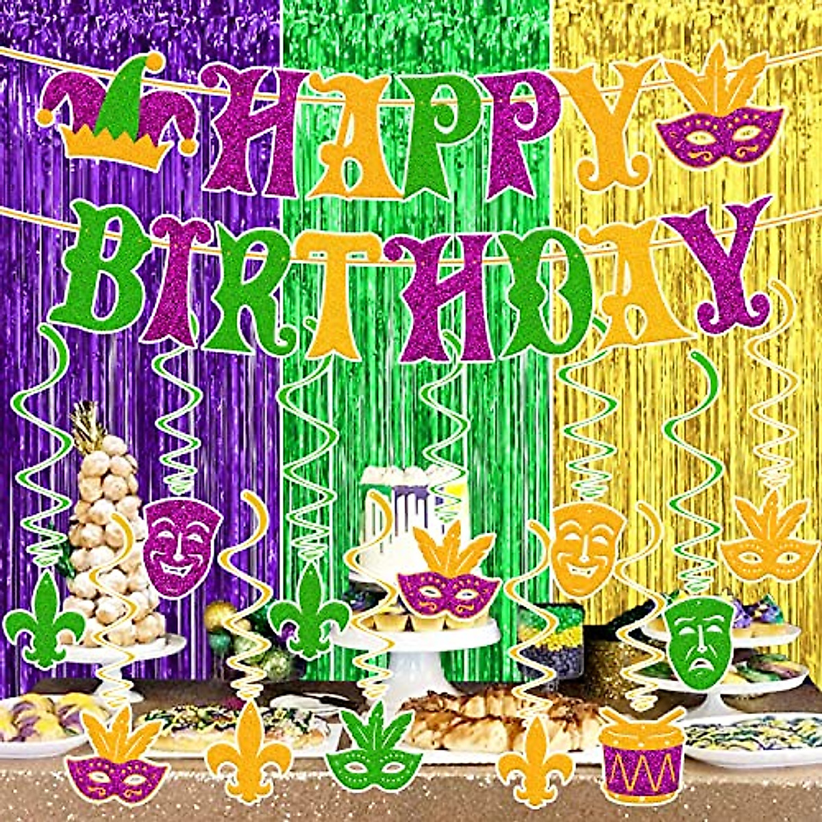 Mardi Gras Birthday Decorations Carnival Happy Bday Banner Green Gold Purple Foil Curtains Backdrop Hanging Swirls Decor Fat Tuesday New Orleans Masquerade fleur de lis Theme Festival Party Supplies