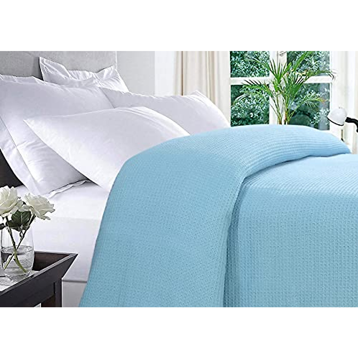 AAVNI HOMES 100% Cotton Blanket King Size 108 x 90 Inches Aqua Sky Blue Color Waffle Weave Blanket - Soft Premium Lightweight Breathable Cotton Bed Blanket for Layering King Size Bed