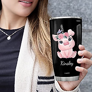 Wassmin Personalized Pig Tumbler Cup With Lid 20 oz 30 oz Custom Name Stainless Steel Double Wall Vacuum Tumblers Coffee Travel Mug Birthday Christmas Gifts For Women Girls Kids Animal Lovers
