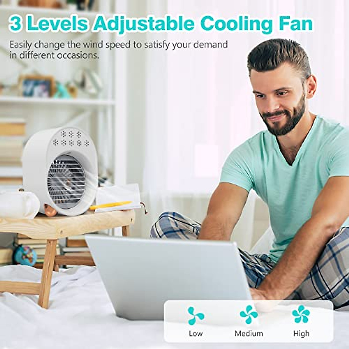 SISMEL Portable Misting Fan, 3 Speed Personal Small Desk Fan with 200ML Water Tank, USB Rechargeable Cooling Mist Fan with Colorful Nightlight, Battery Operated Fan for Bedroom Office Outdoors (White)