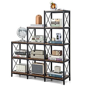 Tangkula 9 Cubes Bookshelf, 5-Tier Stepped Bookcase w/Carbon Steel Frame, Anti-Tipping Kits & Adjustable Foot Pads, 12 Shelves Storage Open Display Shelf for Home Office (9-Cube, Brown)
