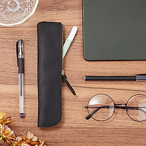 GORGECRAFT Slim Crazy Horse Genuine Leather Pencil Case Portable Zippered Pen Case Ultra Slim Soft Pen Bag Retro Minimal Cosmetic Pouch Pencil Organizer Stationery Bag for Pens Adults Xmas Gift, Black