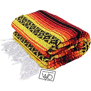 Open Road Goods Heavyweight Mexican Falsa Yoga Blanket, Extra Thick with Stripes - Great Beach Blanket, Mexican Blanket, Picnic Blanket, or Throw - Handmade Sunfire Red, Orange, and Black Colors