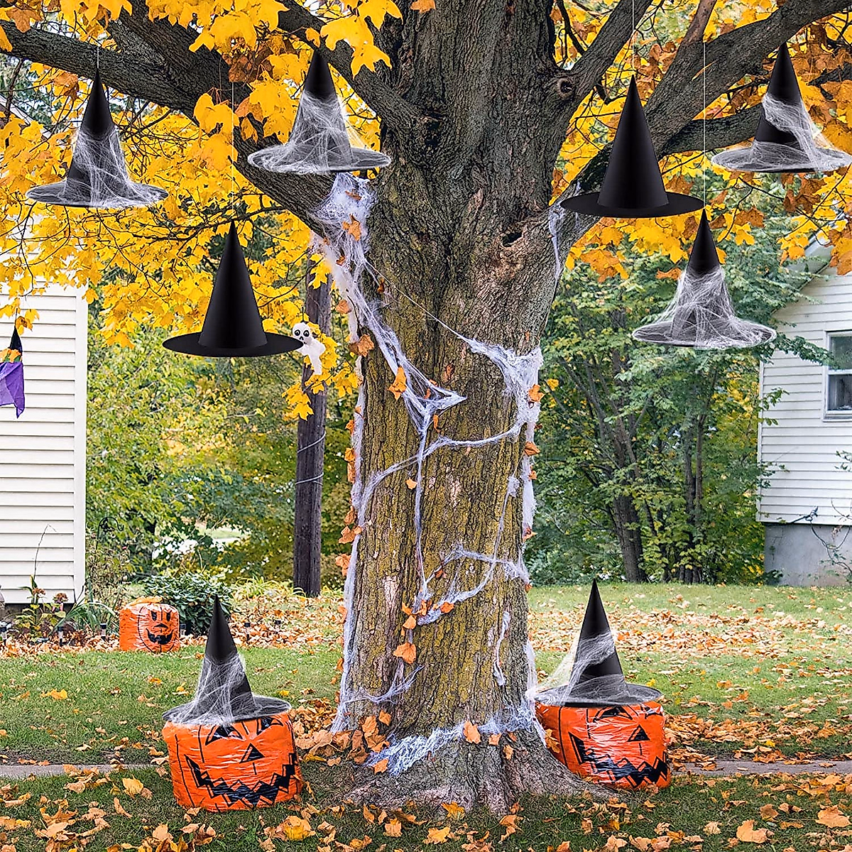 LUOBO Witch Hat, 10 Pieces with 100 Yards Hanging Rope for Halloween Yard Decoration. Black, Oxford Fabric, Collapsible Design, Hand Wash Only, All Ages, Halloween Celebrators