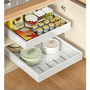 2 Pack Pull out Cabinet Organizer 21"D x 12"W, Peel And Stick Slide out Drawers for Kitchen Cabinets, Sliding Drawers Cabinet Roll out Shelves for Dishes Storage(White)
