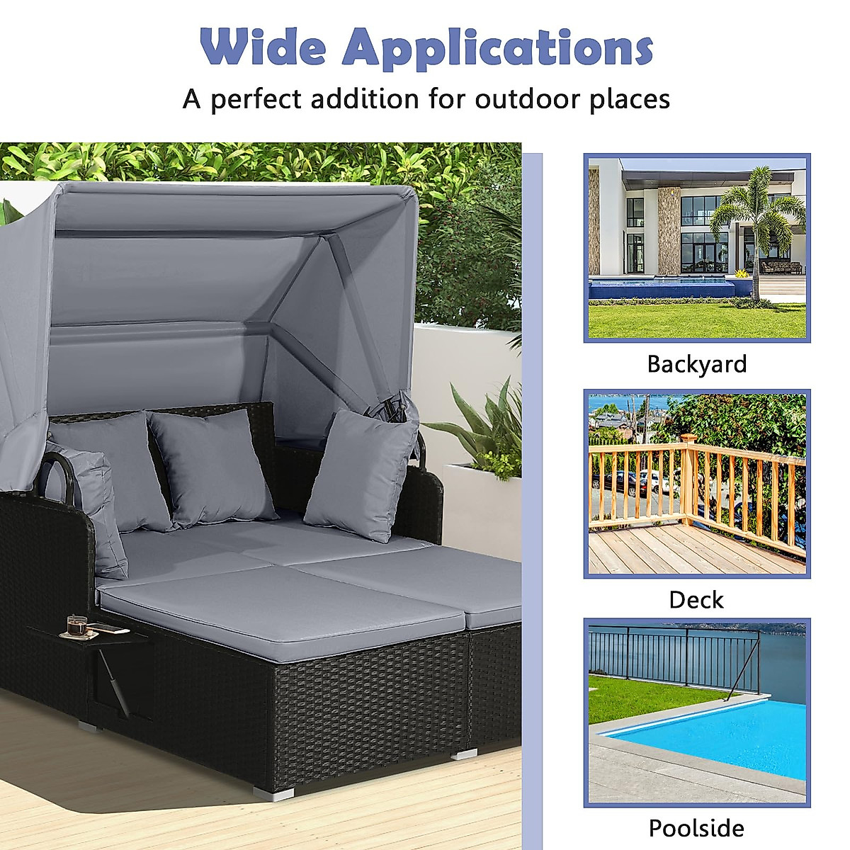 Tangkula Patio Rattan Daybed with Retractable Canopy, Patiojoy Wicker Sun Lounger with 2 Foldable Side Panels, Thick Seat & Back Cushions, for Garden, Backyard, Porch (Grey)