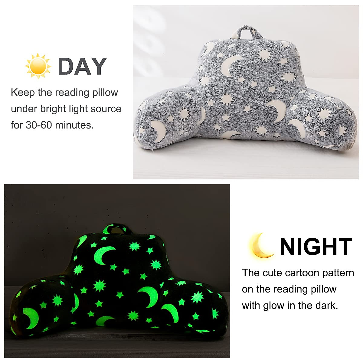 Holawakaka Glow in The Dark Bed Rest Pillow with Arms,Glitter Moon Stars Reading Pillows Perfect for Teens,Kids,Boys, Girls Lumbar Head Neck Coccyx Lower Back Support Cushion