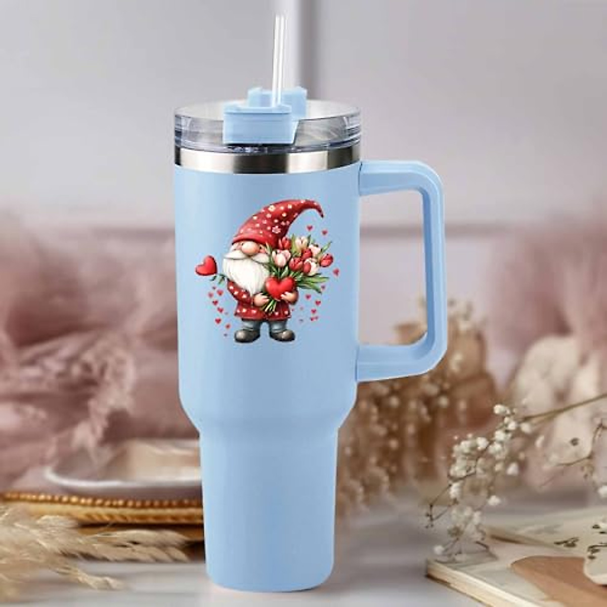 LB LEOBON 40 ounce insulated cup with handle, double-layer vacuum stainless steel material, equipped with straw, can keep warm or maintain cold drinks Gnome Love Bouquet Q wathet