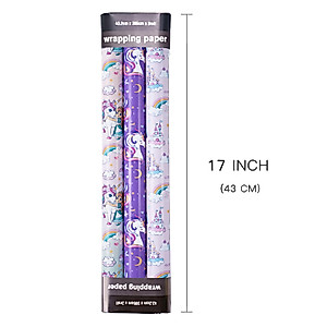 LeZakaa Birthday Wrapping Paper Roll - Mini Roll - Purple Unicorn/Castle, Rainbow/Girl, Unicorn Print for Kids, Girl, Women Gift Wrapping Party Favor - 17.5 x 120 inches, 3 Rolls (42.5 sq.ft.ttl.)