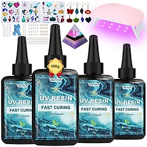 Deeteck UV Resin Kit with Light for Beginners-400g Highly Crystal Clear Hard Epoxy Resin Supplies with 200pcs Making Kit and UV Lamp, Silicone Molds for DIY Arts and Crafts, Fast Curing for Making