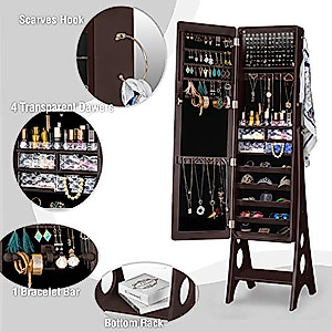 YOKUKINA LED Jewelry Cabinet Armoire, Large Storage Lockable Organizer with Frameless Free Standing Dressing Mirror (Brown)