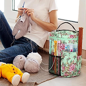 Colabrili Crochet Storage Organizer Bag, Round Wool Bucket Pouch with Peony Print, DIY Green Knitting Yarn Tote Storage Bag, Empty Round Yarn Storage Case for Knitting Supplies Set for Adults