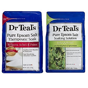Dr. Teal's Pure Epsom Salt Soaking Solution Mothers Day Gift Set (2 Pack, 3lb Ea) - Relax Relief Eucalyptus & Spearmint (3lb), Unscented Therapeutic Soak (6lb) - Eases Aches & Pains, Relieves the Mind